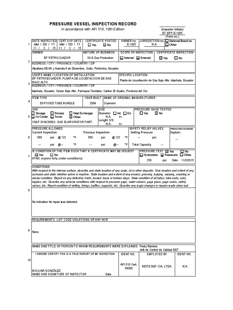 Pressure Vessel Inspection Record: in Accordance With API 510, 10th ...