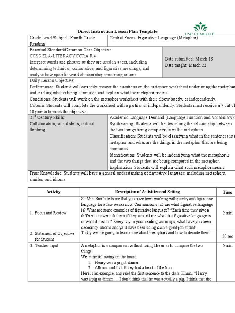 Fourth Grade Metaphor Lesson Plan | PDF | Lesson Plan | Metaphor