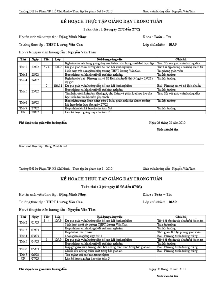 Ke Hoach Thuc Tap Giang Day Tuan 1 2 3 4 - 2010 - DANG MINH NHUT | PDF