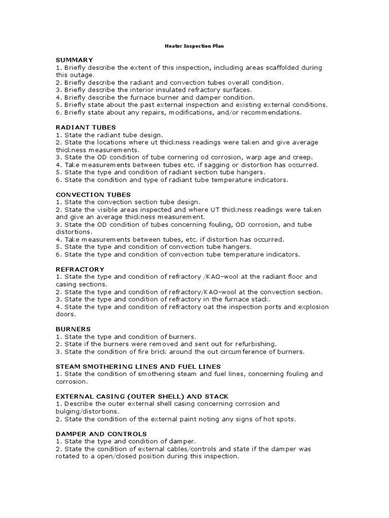 Heater Inspection Plan | PDF | Refractory | Furnace