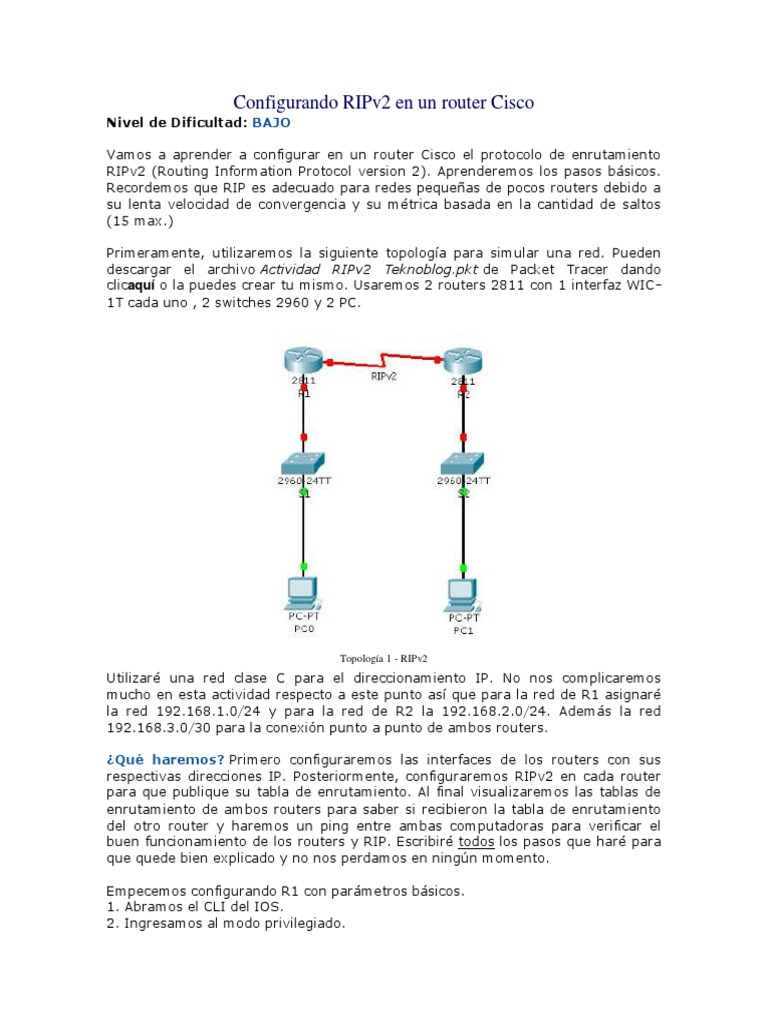 Configurando RIPv2 en Un Router Cisco | PDF | Enrutador (Computación) | Arquitectura de internet