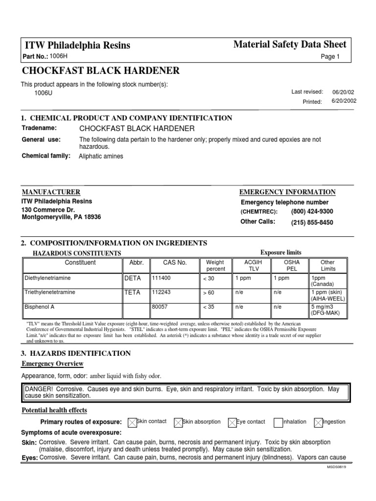 ITW Philadelphia Resins Material Safety Data Sheet: Chockfast Black ...