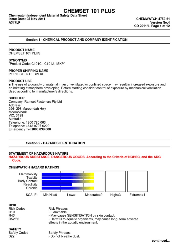 Chemset 101 Plus MSDS | Dangerous Goods | Allergy