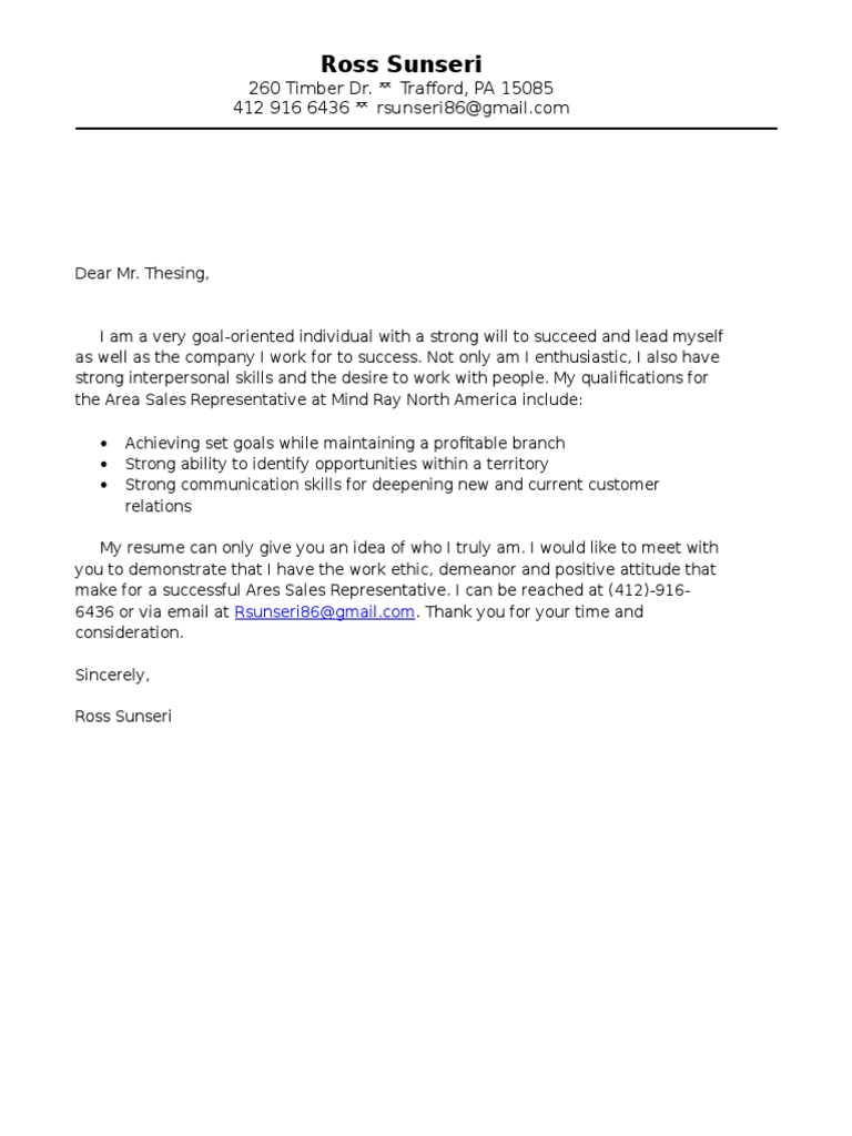 Ross Sunseri Cover Letter | PDF | Career & Growth