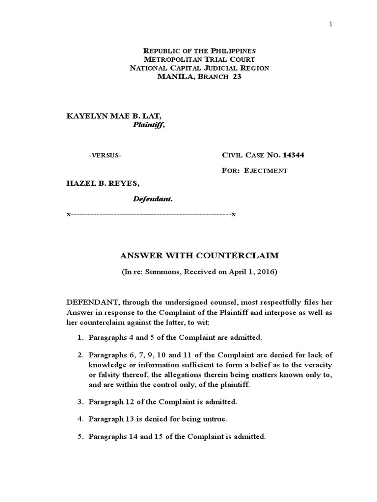 Answer To Ejectment Complaint | PDF | Lawsuit | Complaint