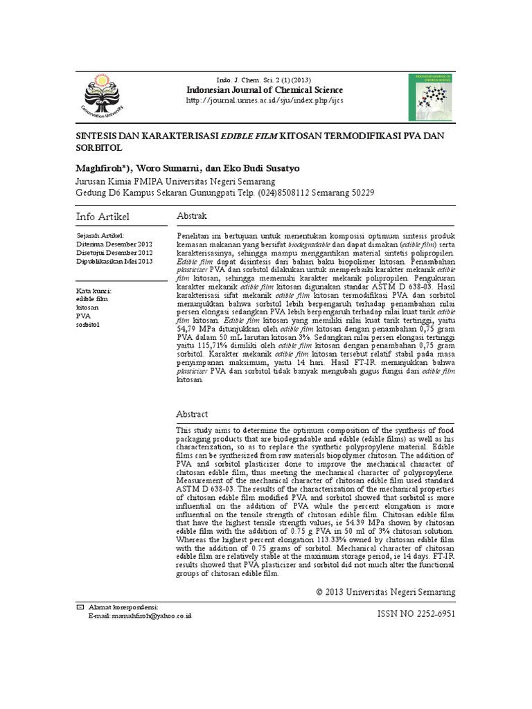 Sintesis Dan Karakterisasi Edible Film Kitosan Termodifikasi Pva Dan | PDF
