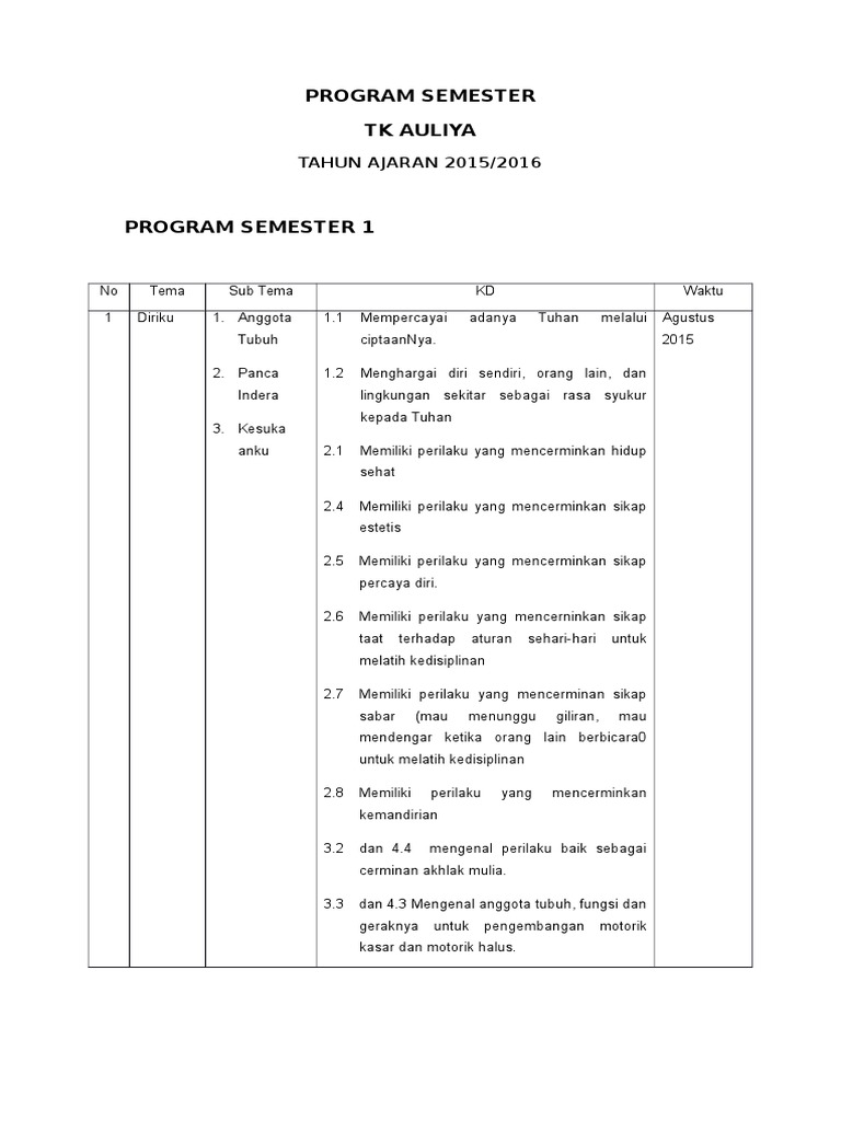 Contoh Program Semester Paud | PDF