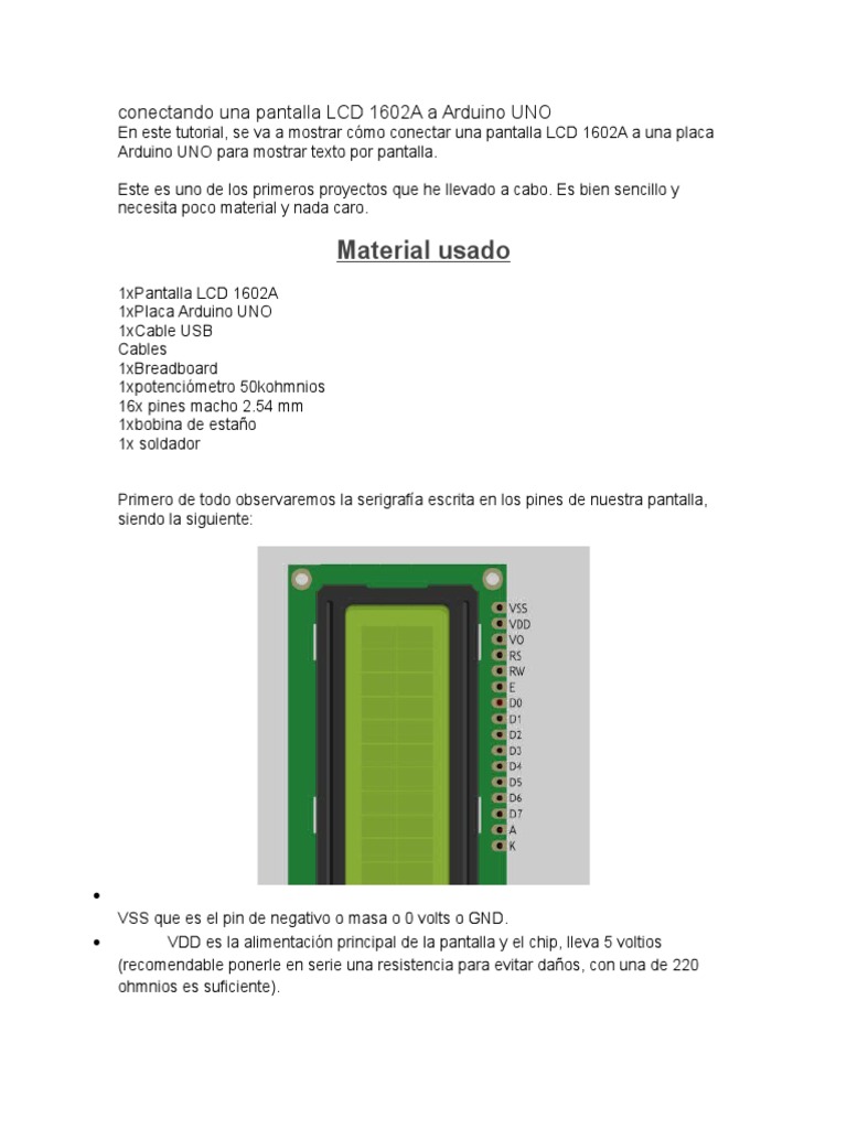 Conectando Una Pantalla LCD 1602A A Arduino UNO | PDF | Arduino | Pantalla de cristal líquido