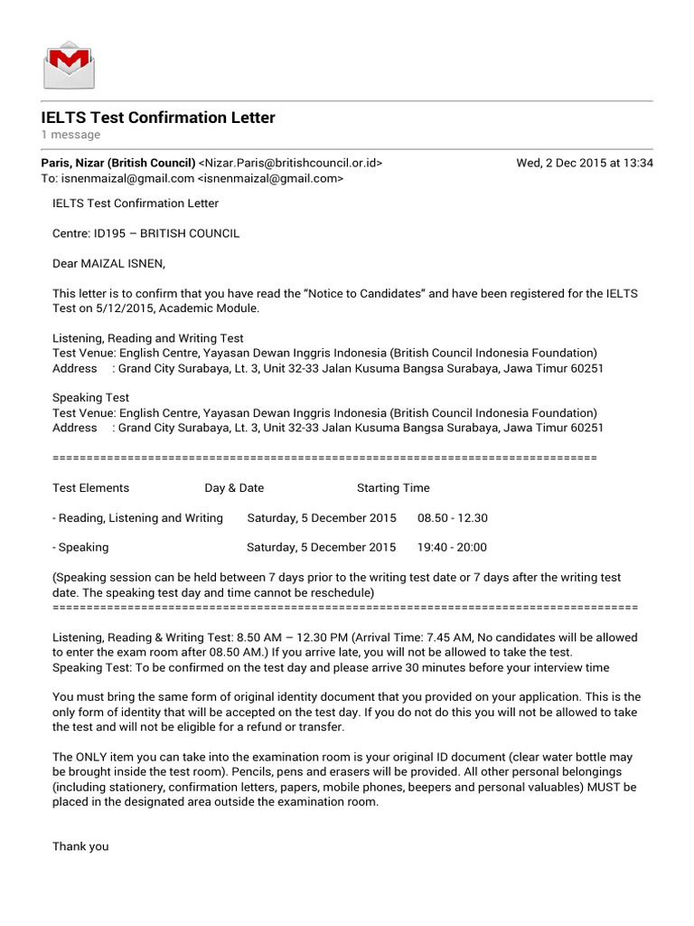 IELTS Test Confirmation Letter: 1 Message | PDF | International English ...