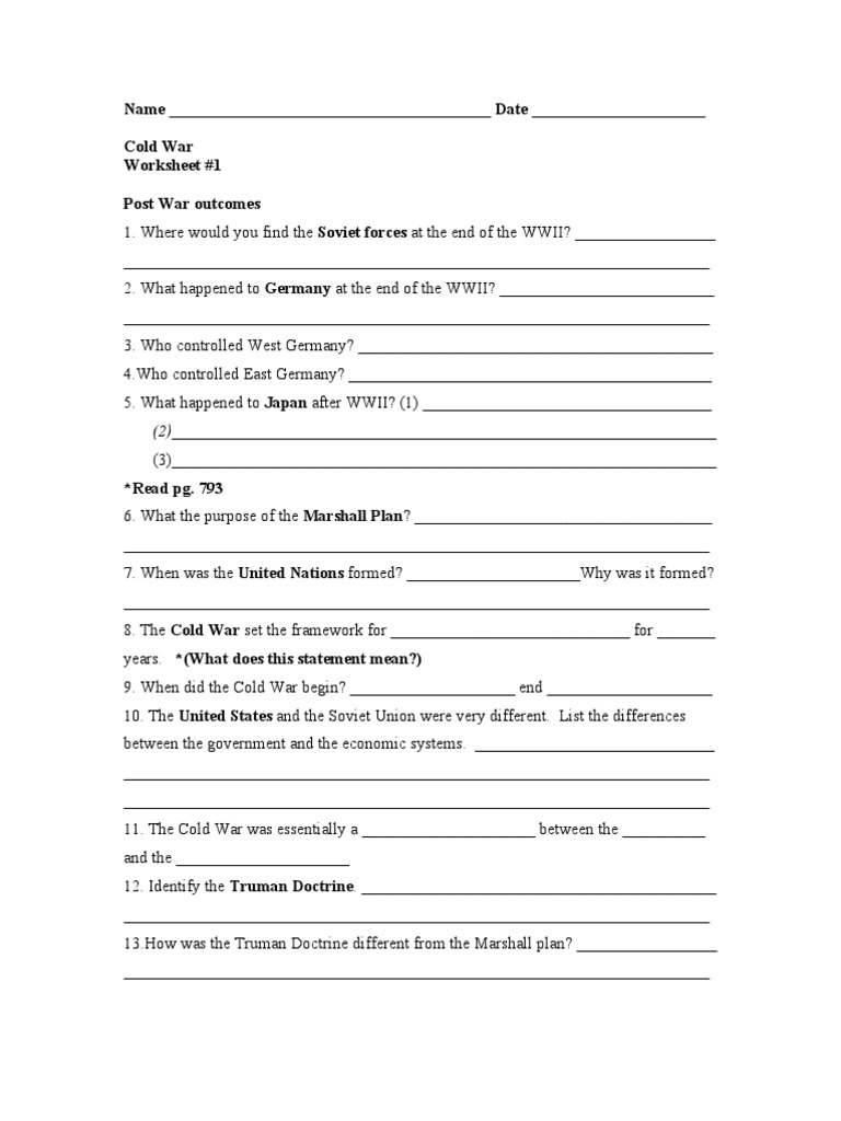 Cold War Worksheet #1 | PDF | Cold War | Marshall Plan