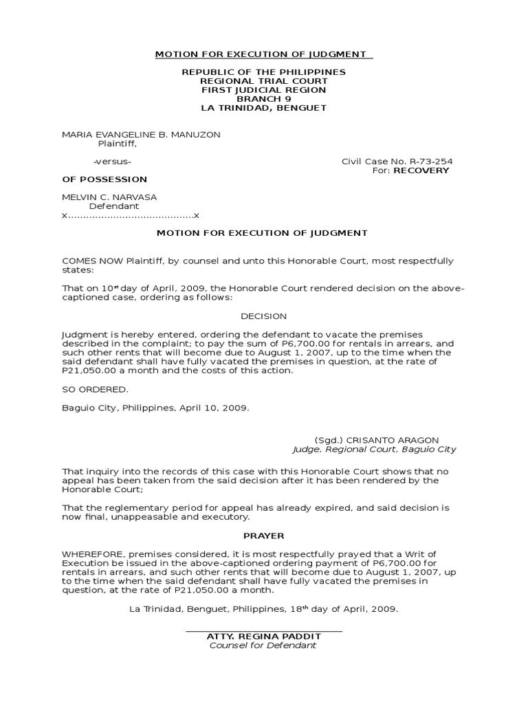 Motion for Execution of Judgment | PDF