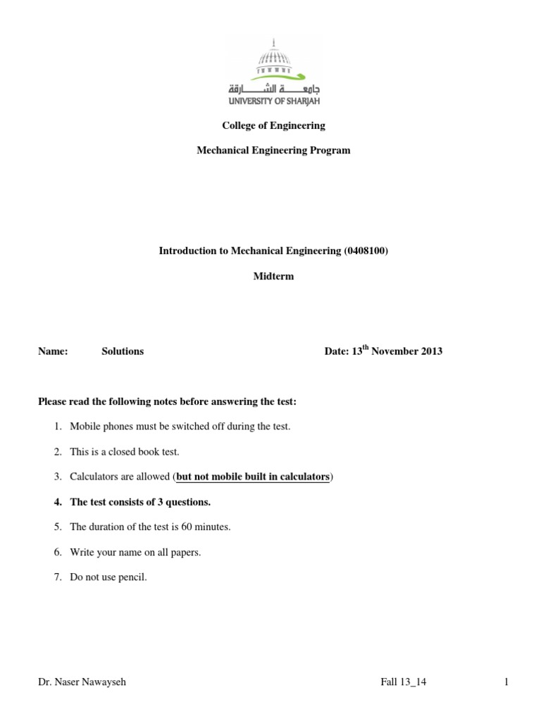 Midterm Intro To Mech Eng (13!11!13) | PDF | Kilogram | Engineering