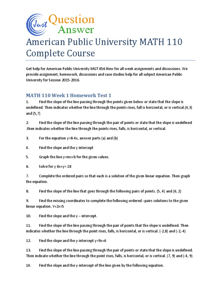 American Public University MATH 110 Complete Course | PDF | Line ...