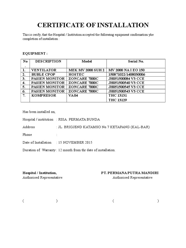 Certificate of Installation | PDF | Calibration | Electrical Engineering