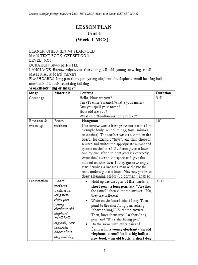 Lesson Plan Unit 1 (Week 1-MC5) : Worksheets "Big or Small?" Stage ...