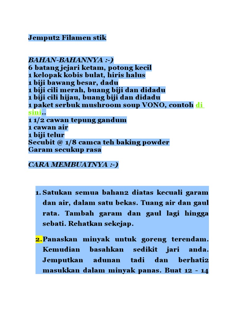 Resepi Jemput-Jemput Filamen Stik | PDF | Memasak, Makanan, & Anggur ...