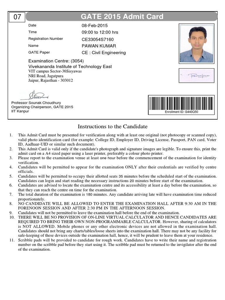 GATE 2015 Admit Card: Instructions To The Candidate | PDF ...