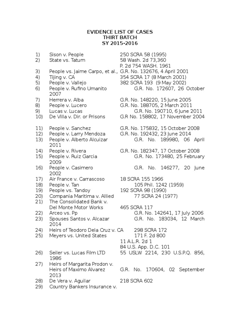 Case Evidence List: Third Batch 2015-2016 | PDF | Law