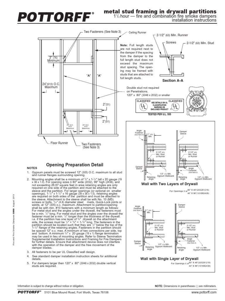 Metal Stud Framing for Fire Damper Installation | PDF | Drywall ...