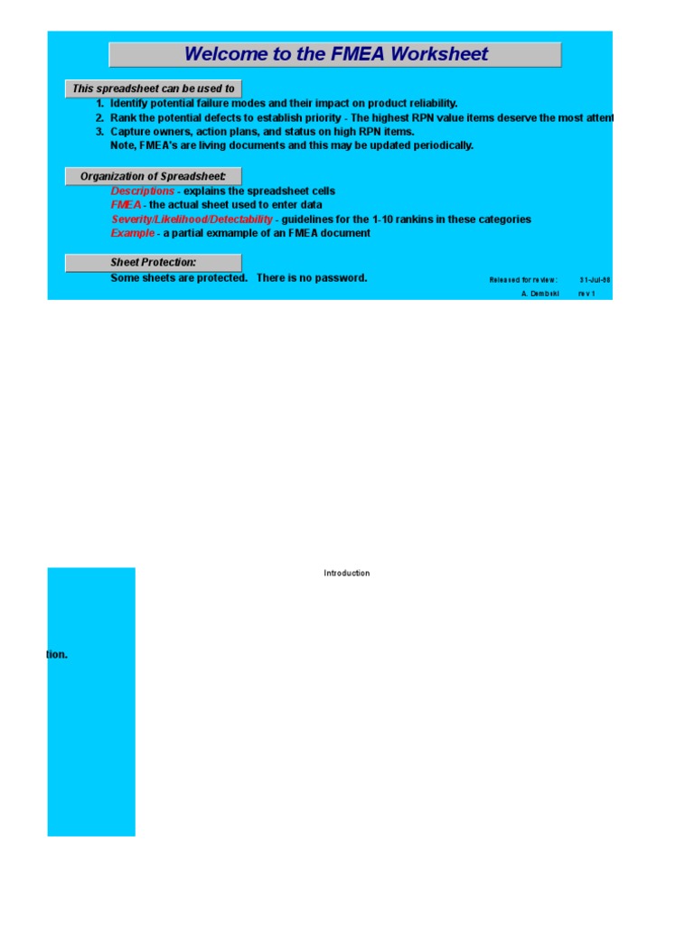 FMEA Worksheet Overview and Guidelines | PDF