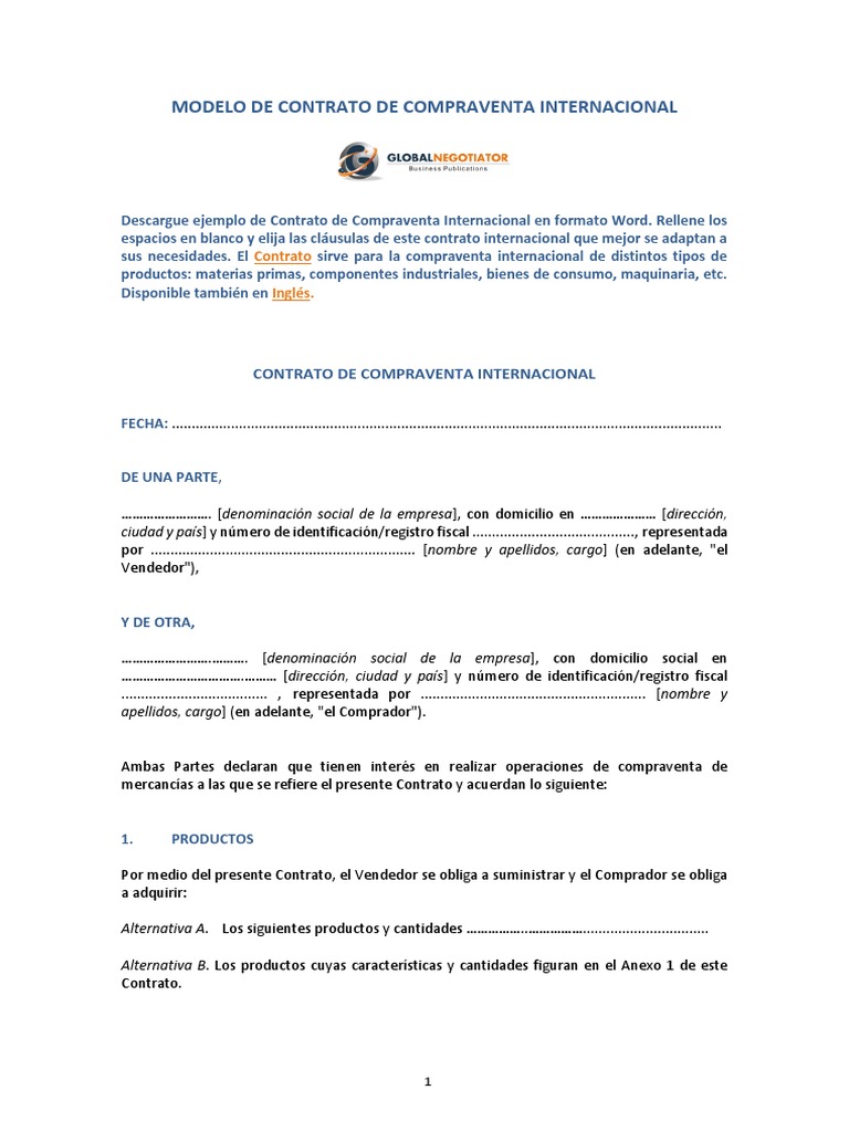 Modelo Contrato Compraventa Internacional Ejemplo | Precios | Business ...
