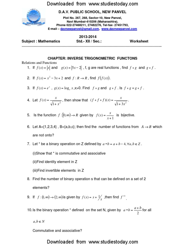 CBSE Class 12 Mathematics Worksheet - Inverse Trigonometric Functions | PDF