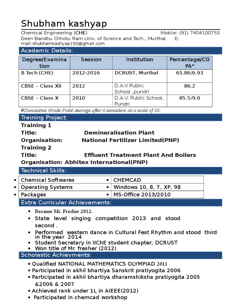 Shubham Kashyap's Chemical Engineering CV | PDF | Career & Growth