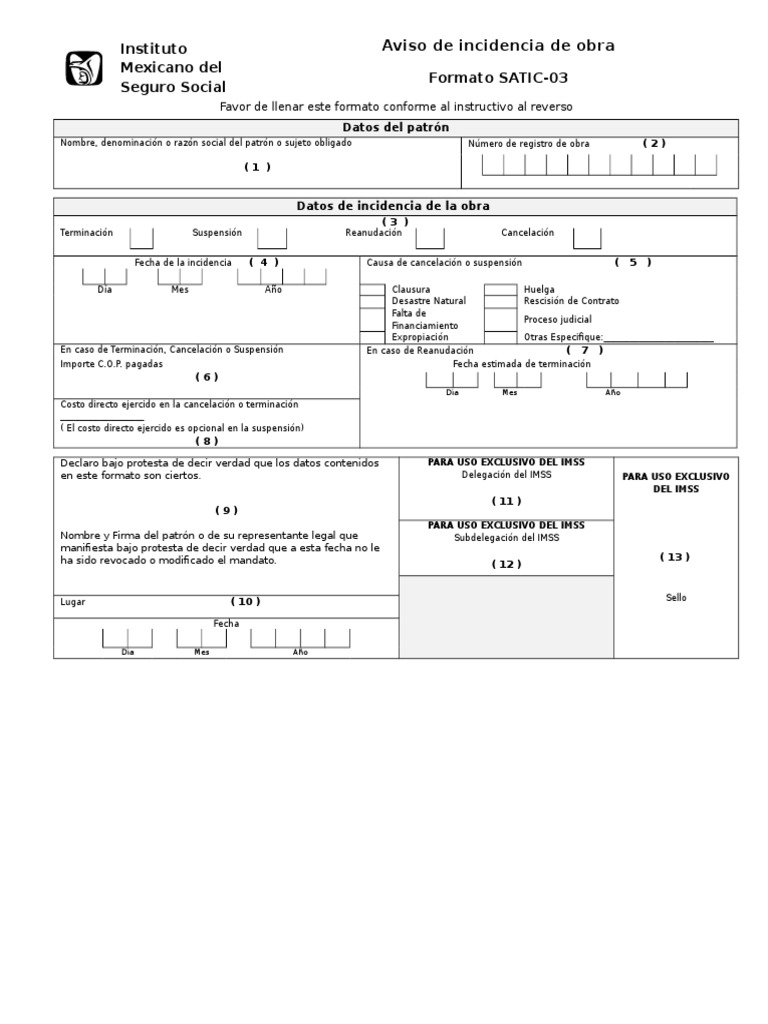 Formato SATIC-03: Incidencias de Obra IMSS | PDF | Gobierno