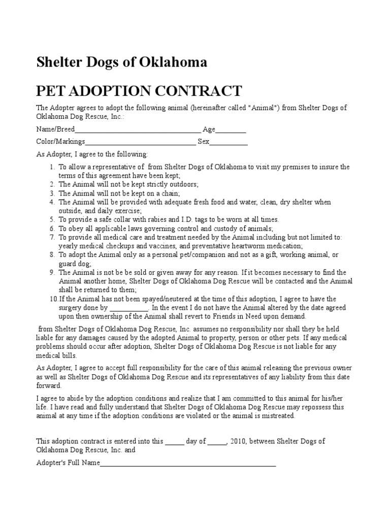Shelter Dog Adoption Contract | PDF | Domesticated Animals | Private Law