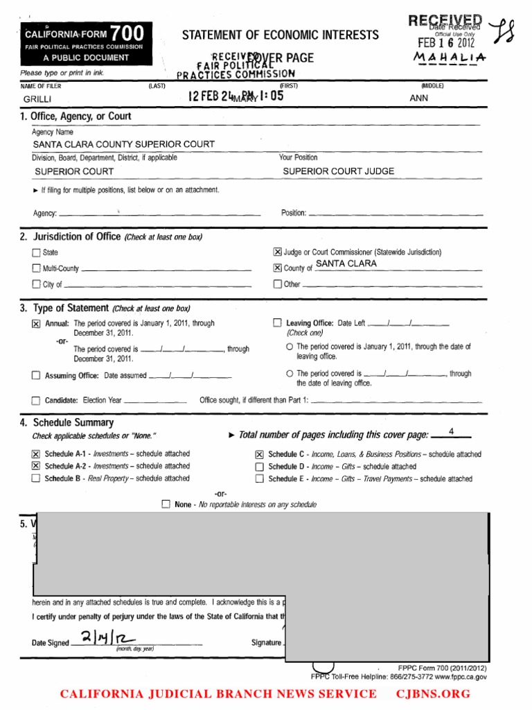 Judge Mary Ann Grilli 2011 Statement of Economic Interests California ...