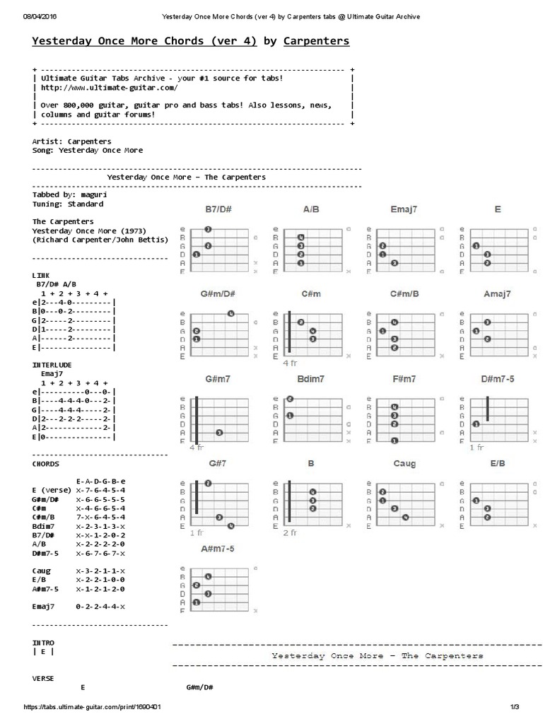 Yesterday Once More Chords (Ver 4) by Carpenters | PDF
