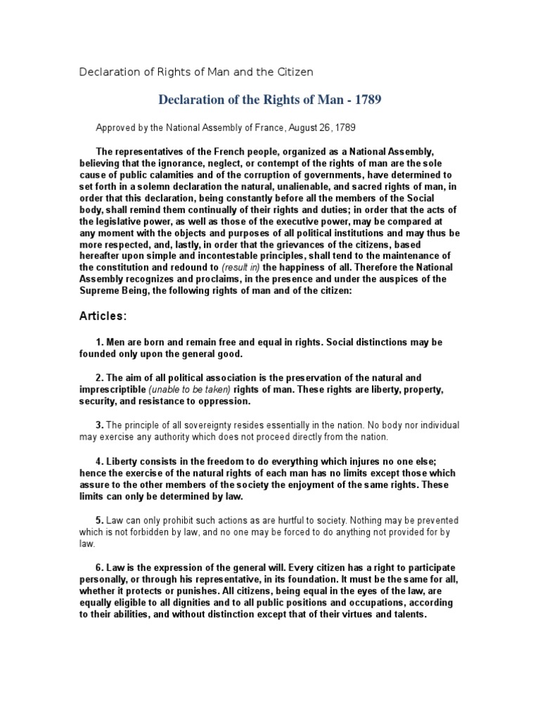 Declaration of Rights of Man and The Citizen | PDF | Natural And Legal ...