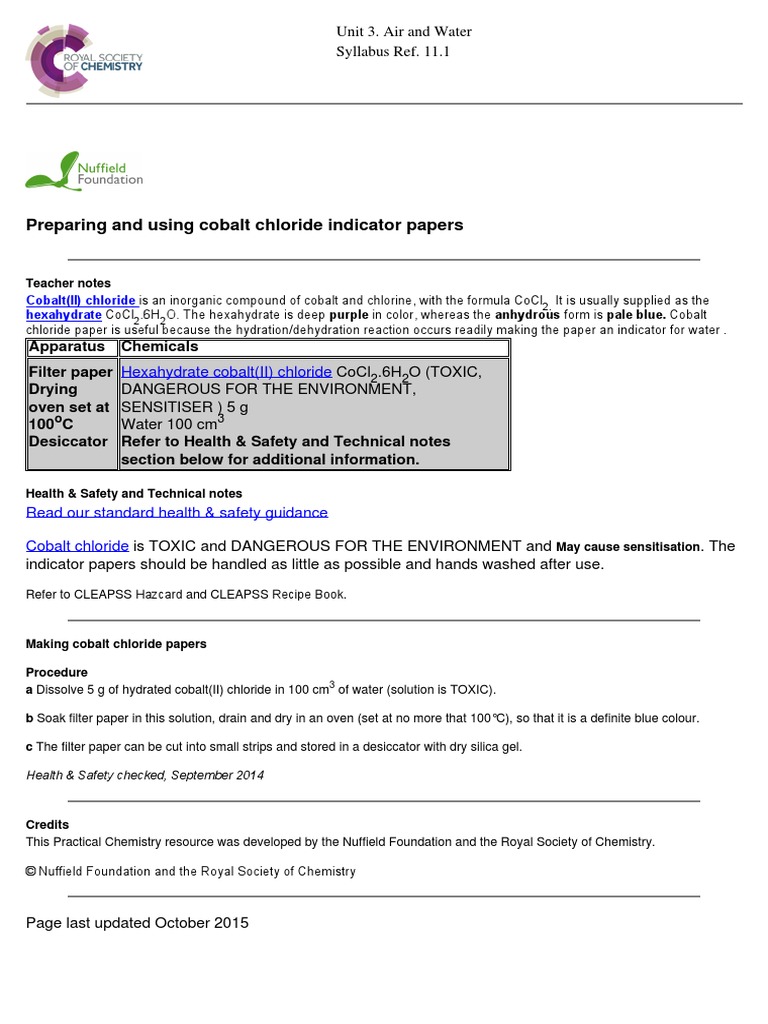 Preparing and Using Cobalt Chloride Indicator Papers | PDF | Molecules ...