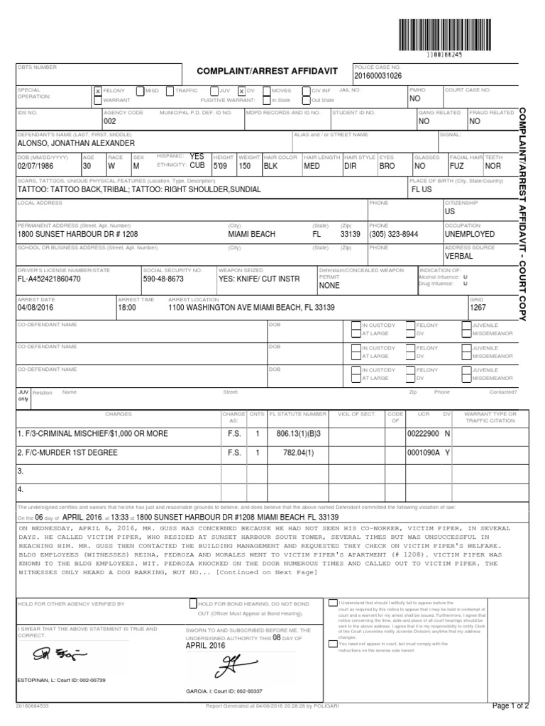 Miami Beach Police Jonathan Alonso arrest form | Ocio