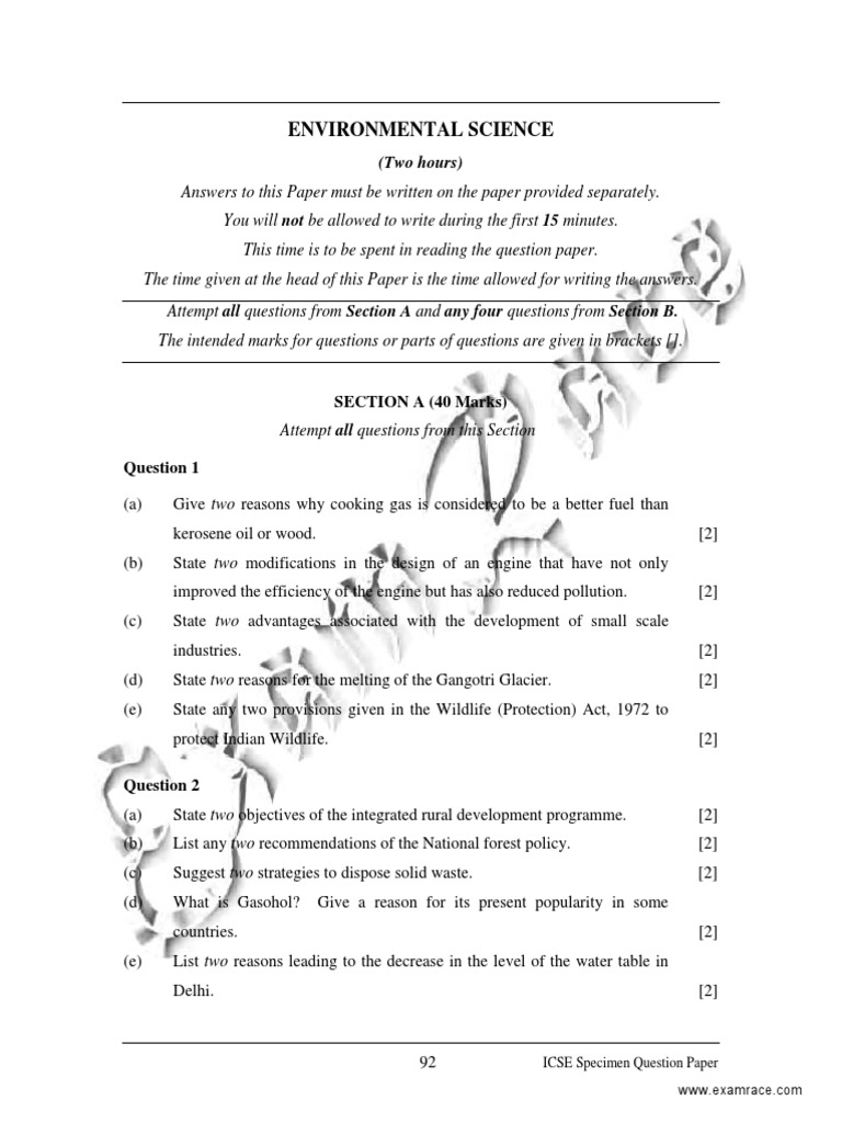ICSE Class 10 Environmental Science 2012 | PDF | Conservation Biology ...