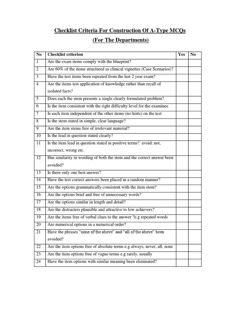 MCQs Checklist Final | PDF | Multiple Choice | Quality Of Life