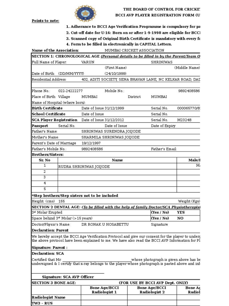 Bcci U-16 Avp Player Registration Form 2014 - 15 Details | PDF ...