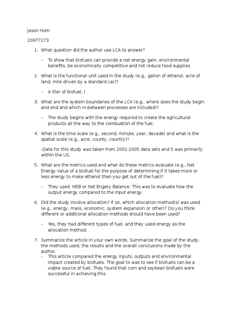 LCA Questions | PDF | Biofuel | Life Cycle Assessment