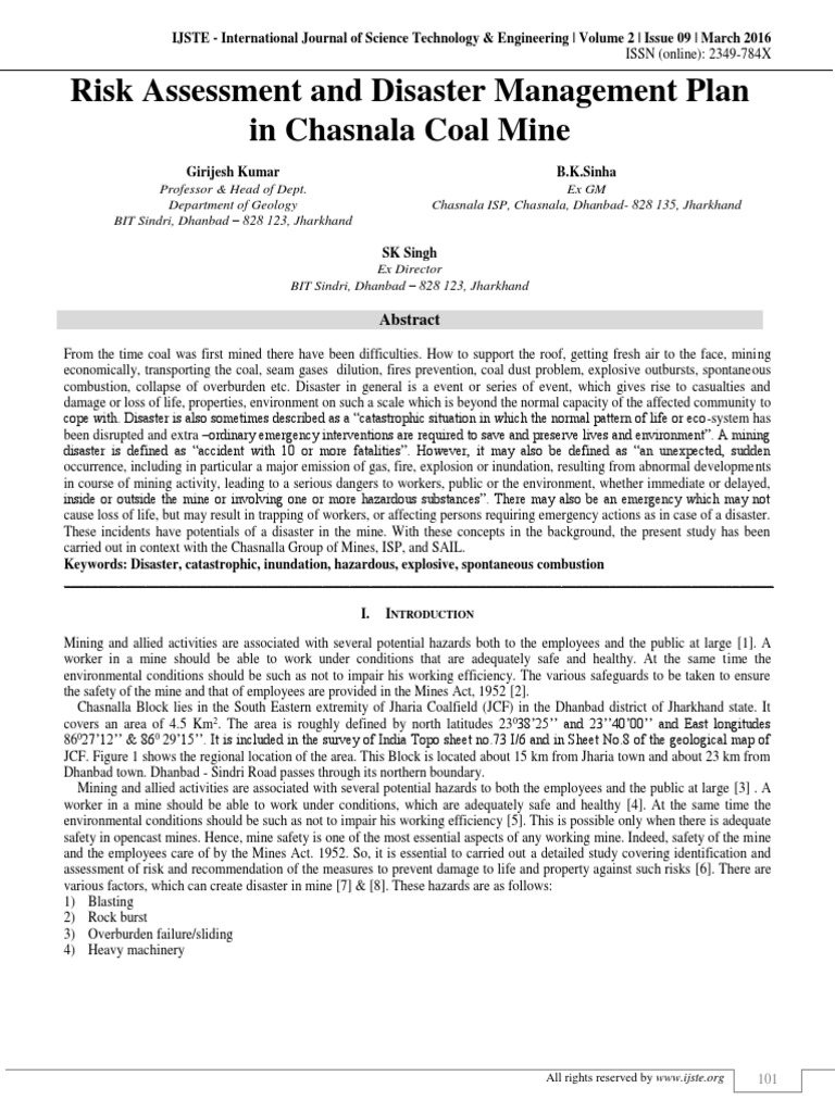 Risk Assessment And Disaster Management Plan In Chasnala Coal Mine