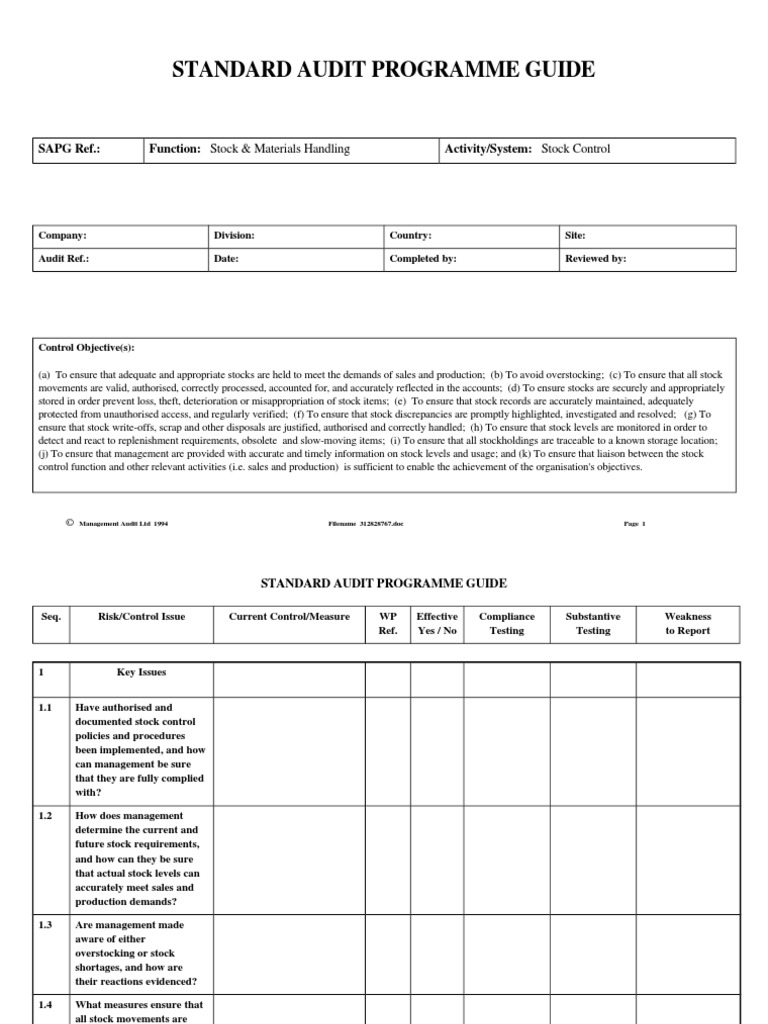 Standard Audit Programme Guide: SAPG Ref.: Function: Stock & Materials Handling Activity/System ...