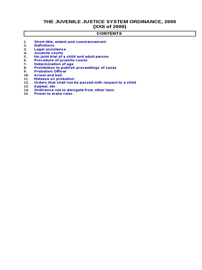 Juvenile Justice System Ordinance 2000 | PDF | Bail | Minor (Law)