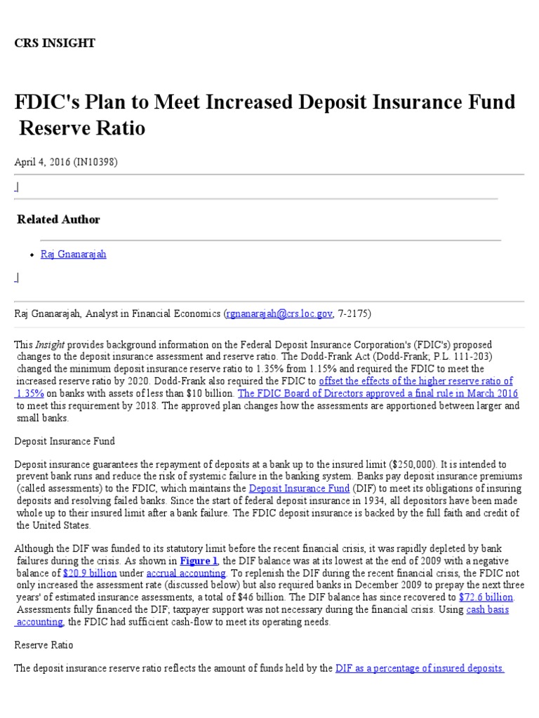 FDIC's Plan To Meet Increased Deposit Insurance Fund Reserve Ratio ...