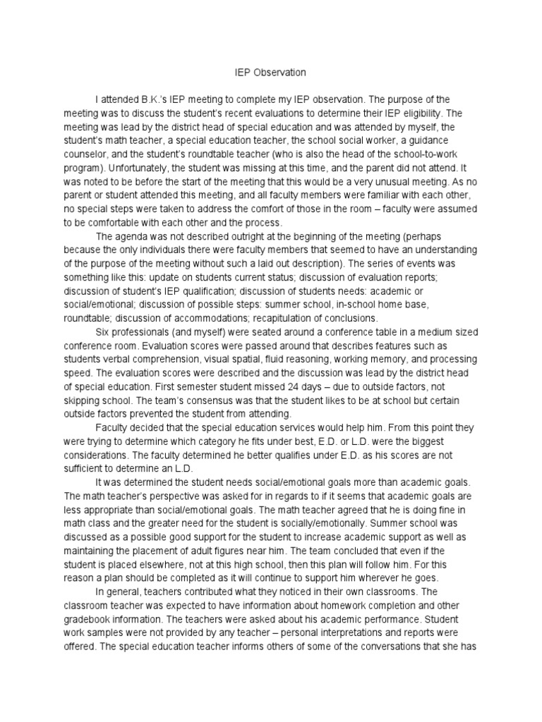 IEP Observation | PDF | Individualized Education Program | Special ...