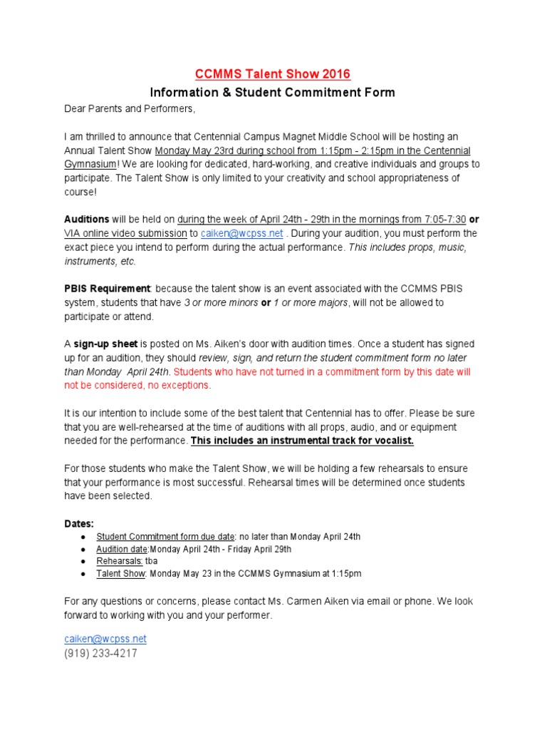 Information & Student Commitment Form: CCMMS Talent Show 2016 | PDF