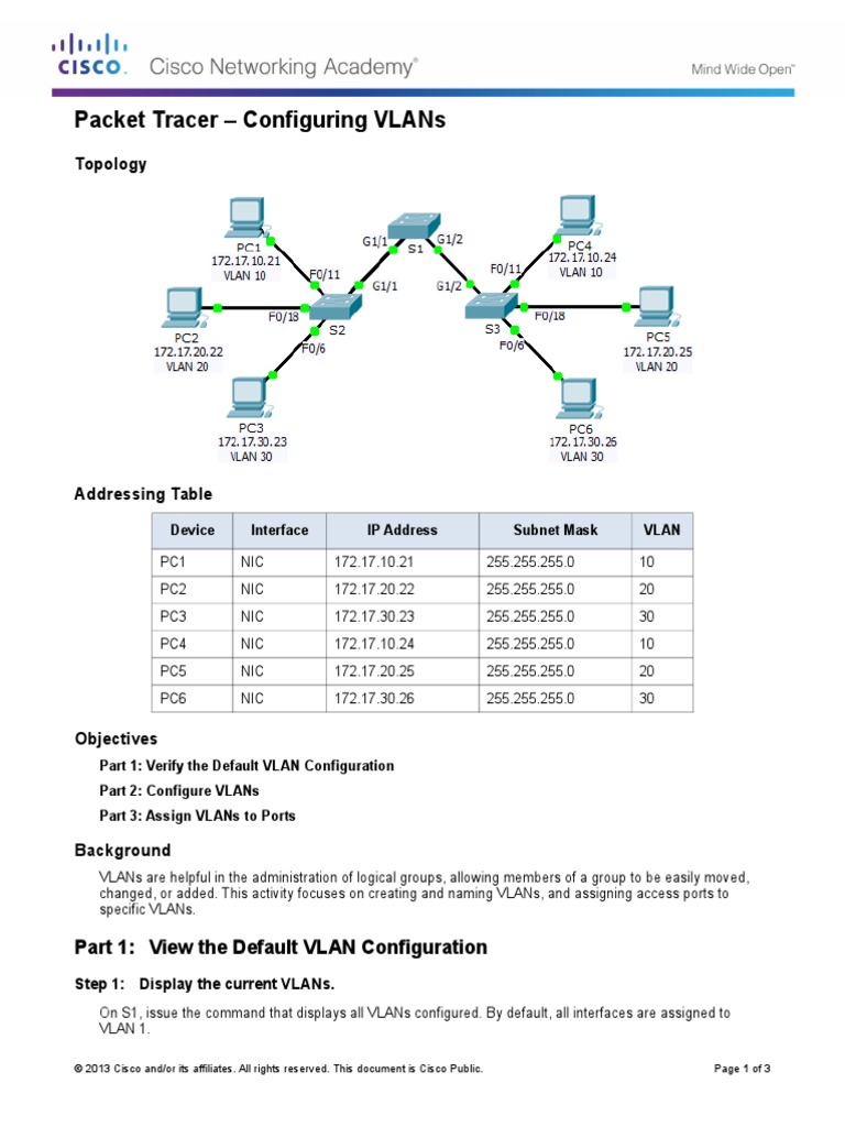 3.2.1.7 Packet Tracer - Configuring VLANs Instructions | PDF | Internet Standards | Computer Network