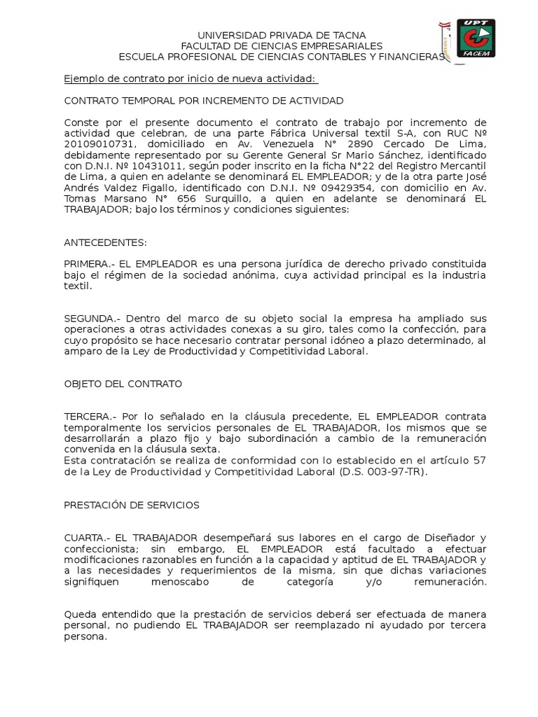 Contrato Temporal Por Incremento de Actividad | Derecho laboral | Salario