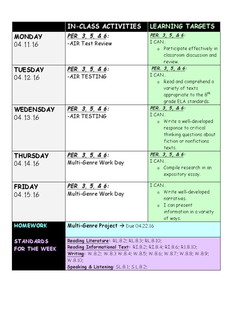 8th Grade AIR Test Review Schedule | PDF | Language Arts & Discipline ...