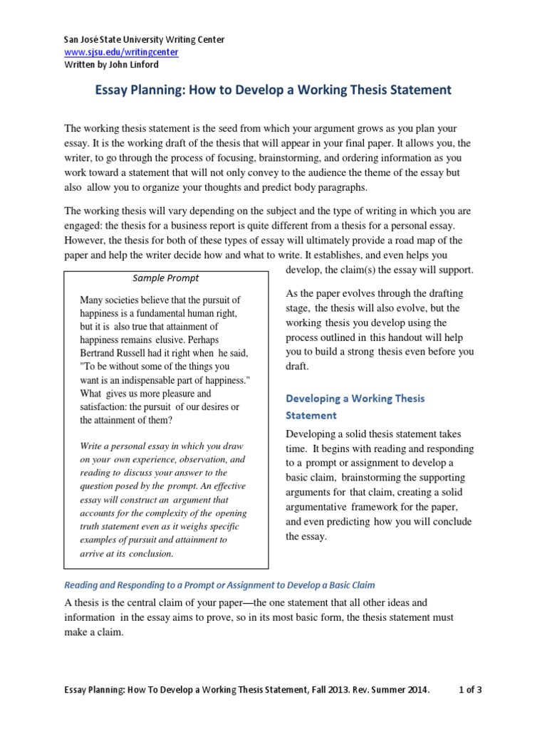 Developing a Working Thesis Statement | PDF | Essays | Happiness