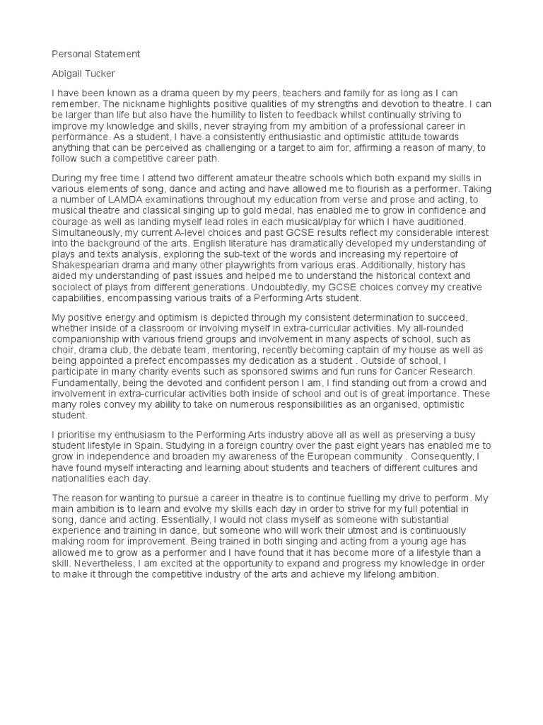 Personal Statement Sample | PDF | Singing | Theatre
