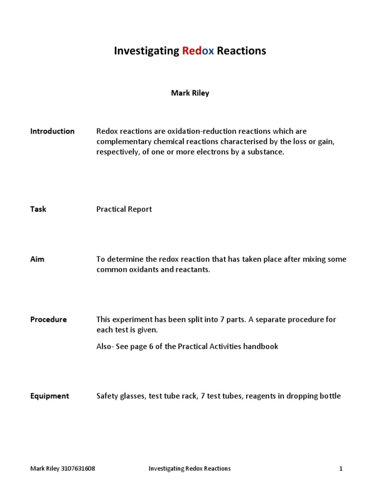 Chemistry Lab Assessment - Oxidation & Reduction - Redox Reactions Lab ...